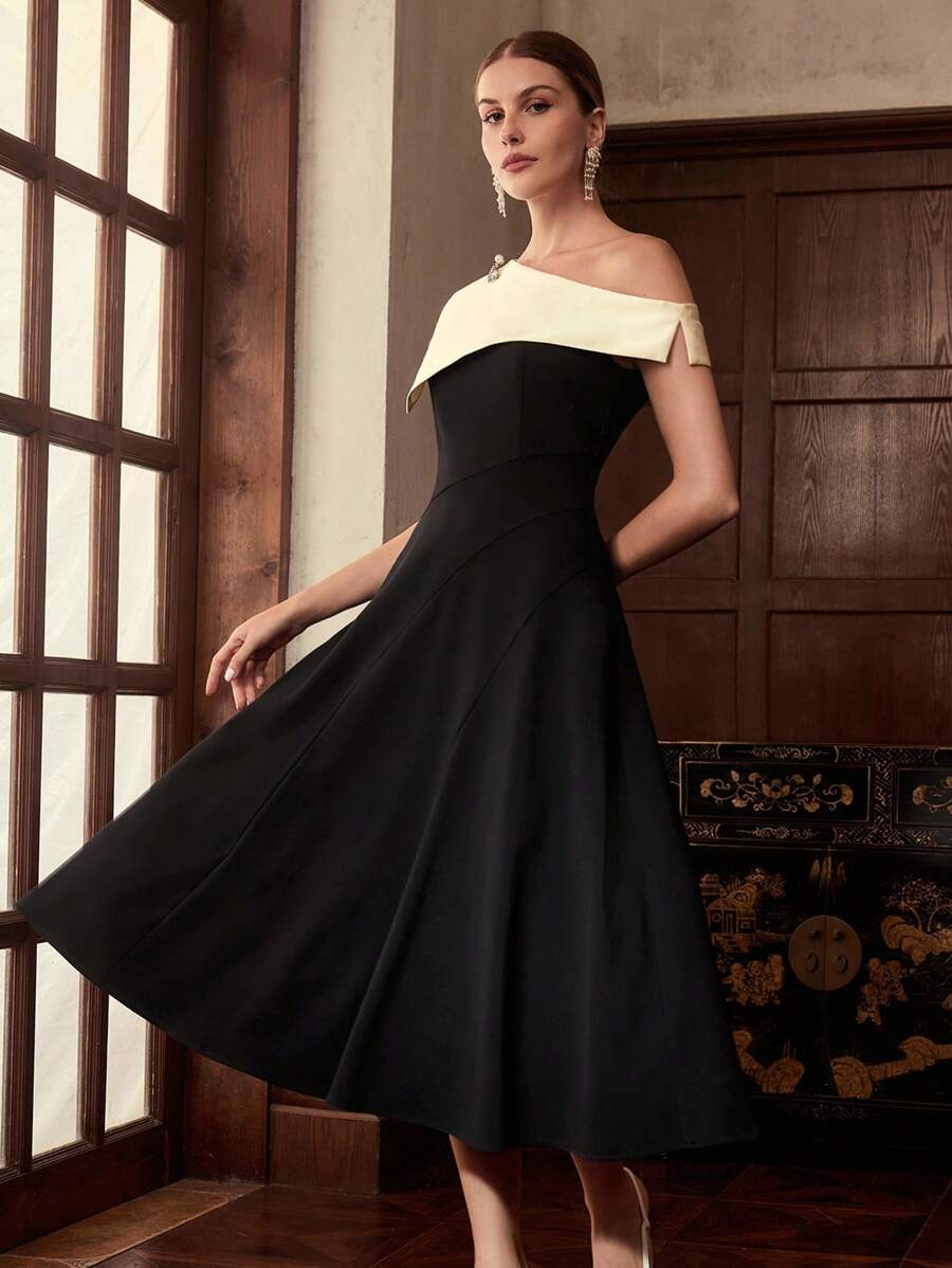 ZEYLAH Elegant Asymmetric Shoulder Contrast Color Structural Waist Midi ...