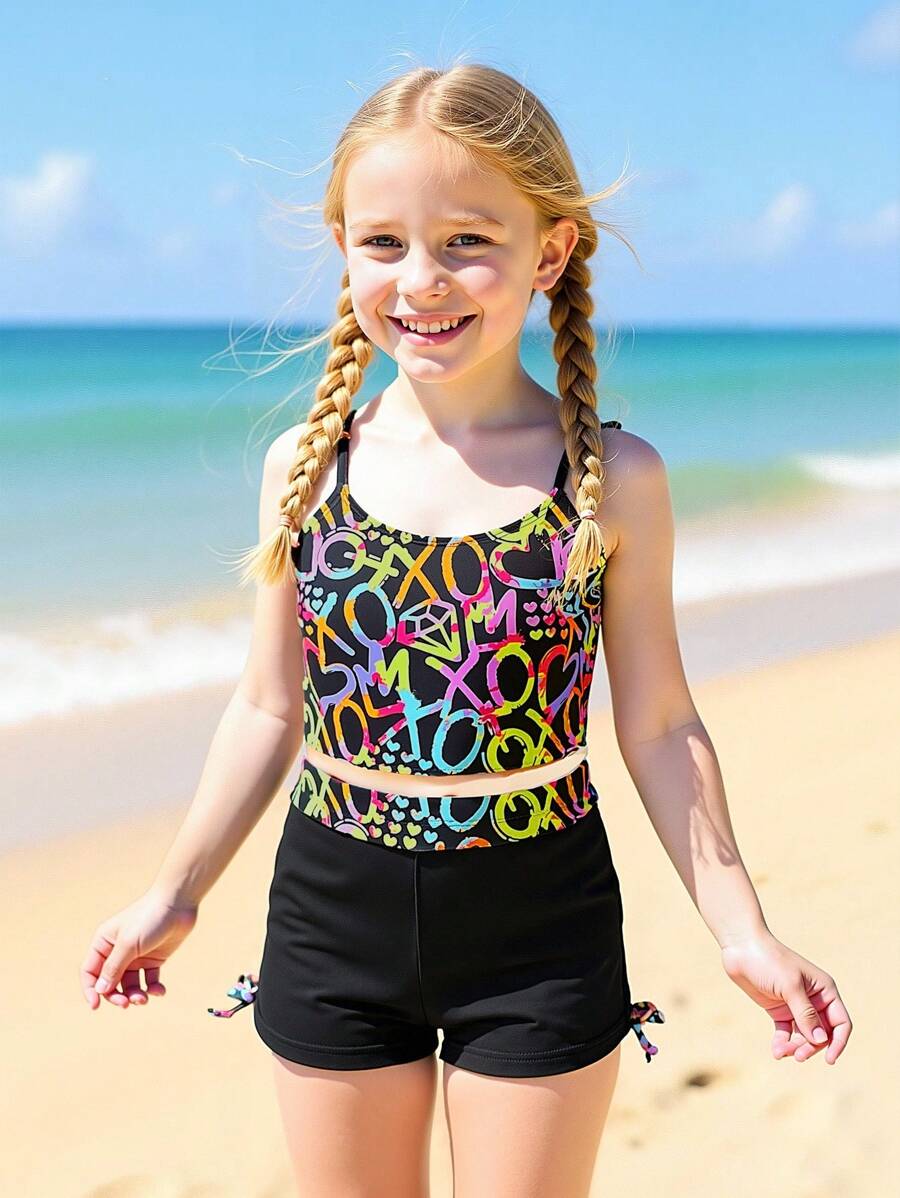 Tween Girl Heart Print Tankini Swimsuit Set | SHEIN USA