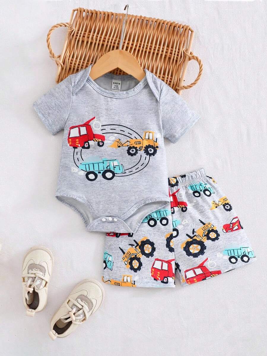 SHEIN Baby Boys' Cute Cartoon Car Print Bodysuit And Shorts Set, Spring ...