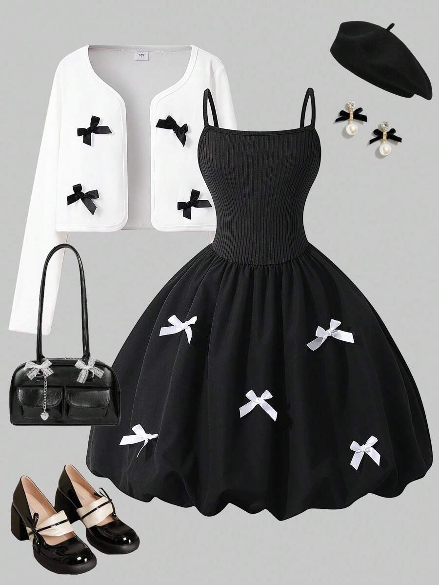 Sparklyn 2pcs Tween Girls Vintage Elegant Bowknot Cardigan & White ...