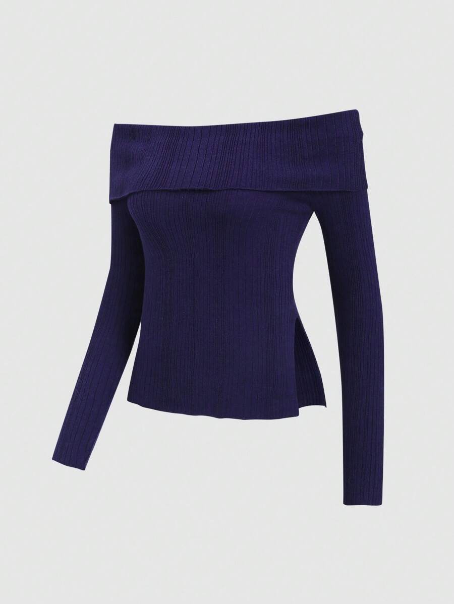 Sweetra Solid Off Shoulder Ribbed Knit Sweater,Long Sleeve Tops Knit ...