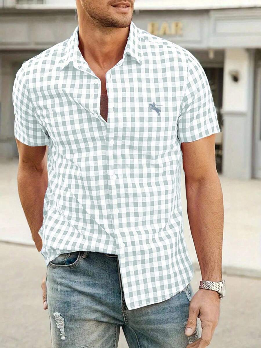 Manfinity Homme Red Plaid Short Sleeve Shirt With Unique Embroidered ...