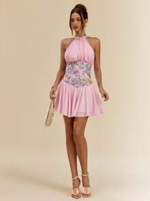 SHEIN BAE Women 3D Pink Floral Halter Backless Bodycon Bustier Cami Top ...