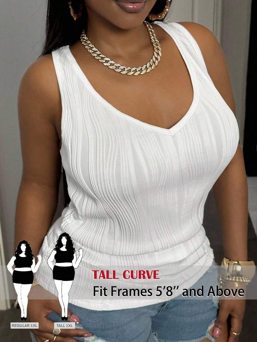 SHEIN Tall CURVE Plus Size Women's Casual V-Neck Basic Tank Top With Ribbed Texture, White Tank ...