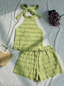 Tween Girls Casual Knit Textured Ruffle Bow Decor Halter Top And Shorts ...