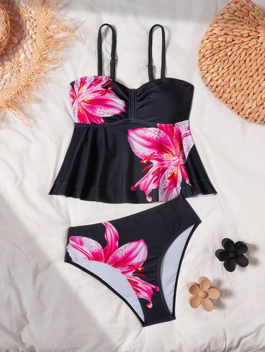 Tween Girls Floral Print Tankini, Padded Double Strap & Double Ruffled ...