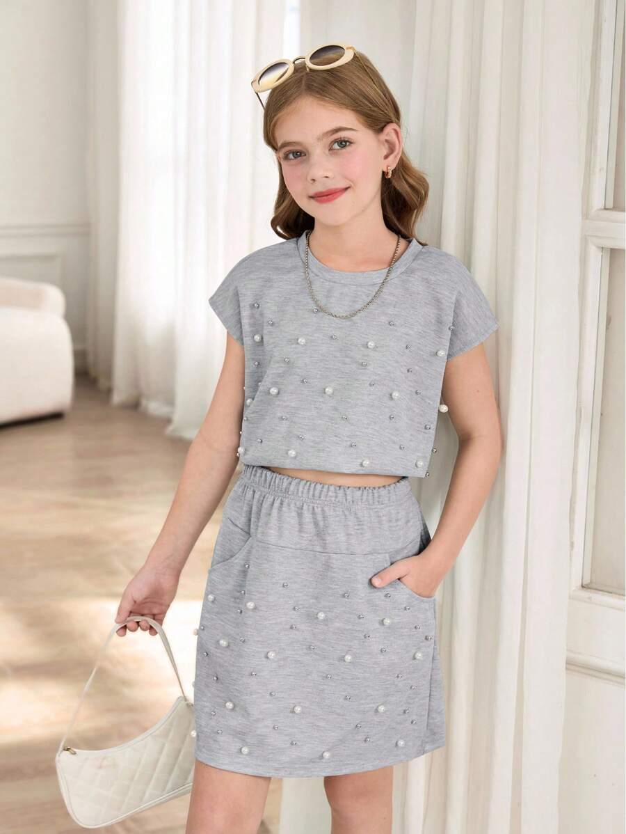 2pcs Tween Girls Rhinestone Sleeveless Top + Tie Waist Rhinestone Skirt ...