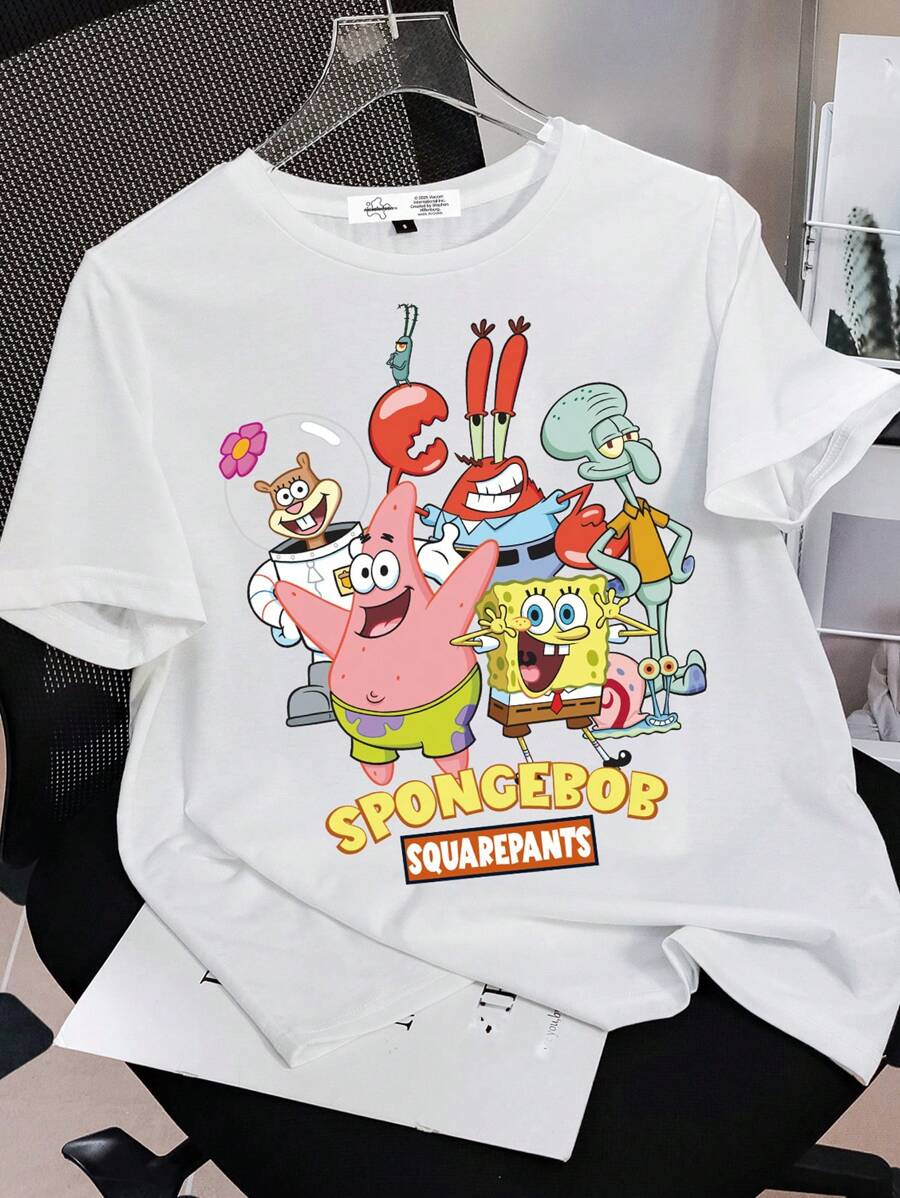 SpongeBob SquarePants X SHEIN Camiseta Branca Confortável de Manga ...