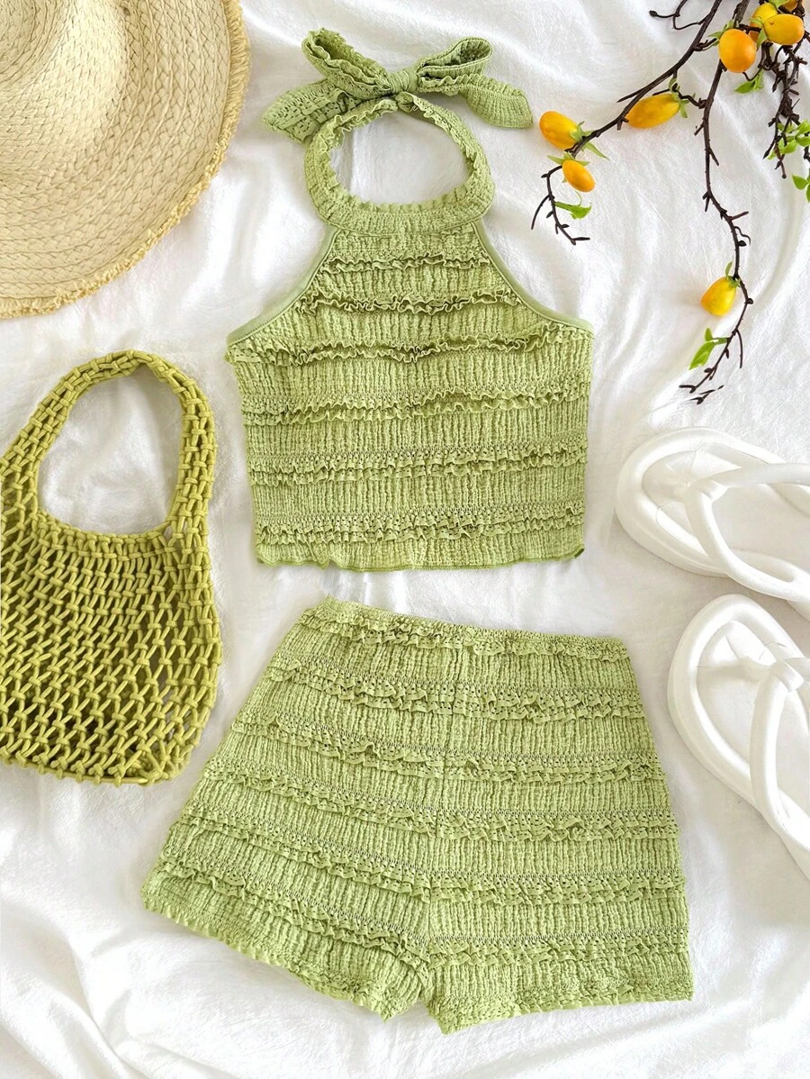 Tween Girls Casual Knit Textured Ruffle Bow Decor Halter Top And Shorts ...