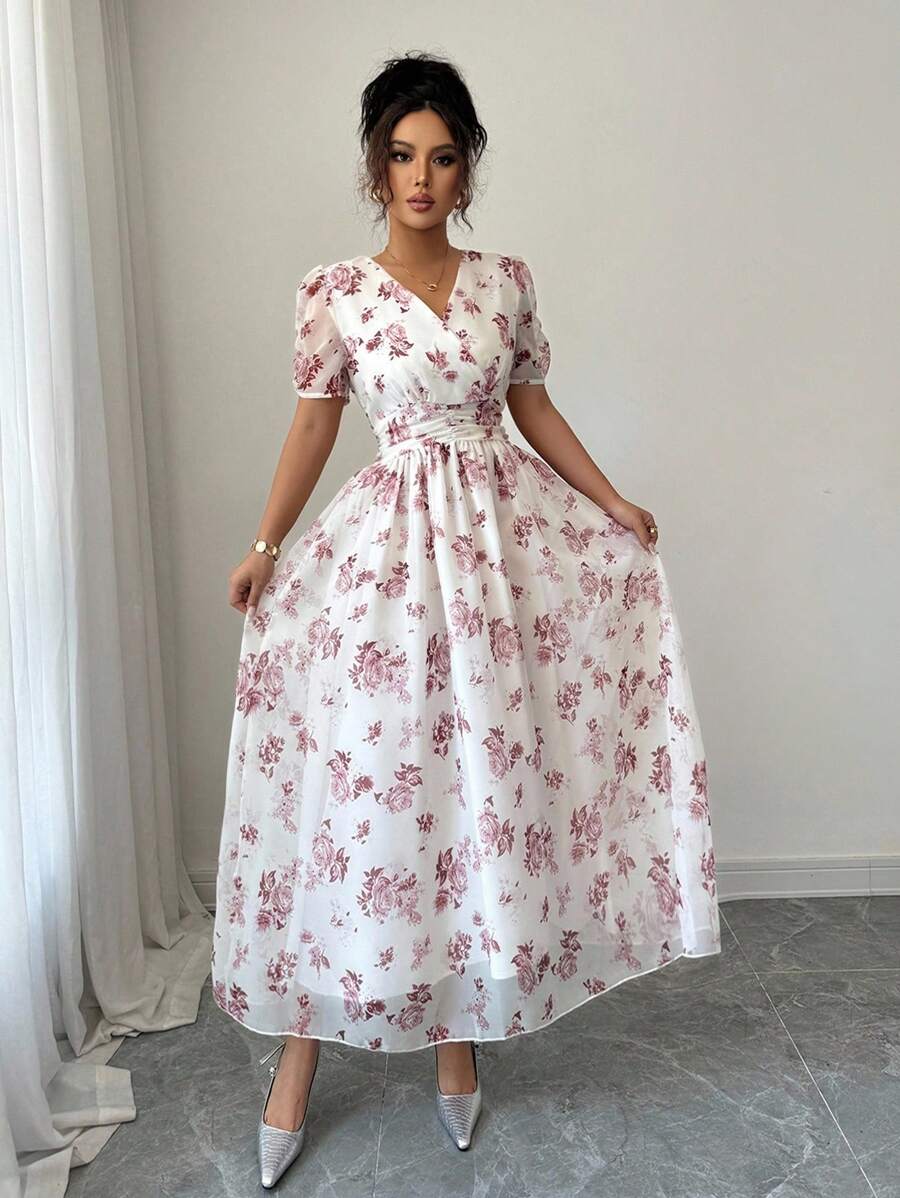 Modelyn French Retro V-Neck Petal Sleeve Waist Cinched Women Dress ...