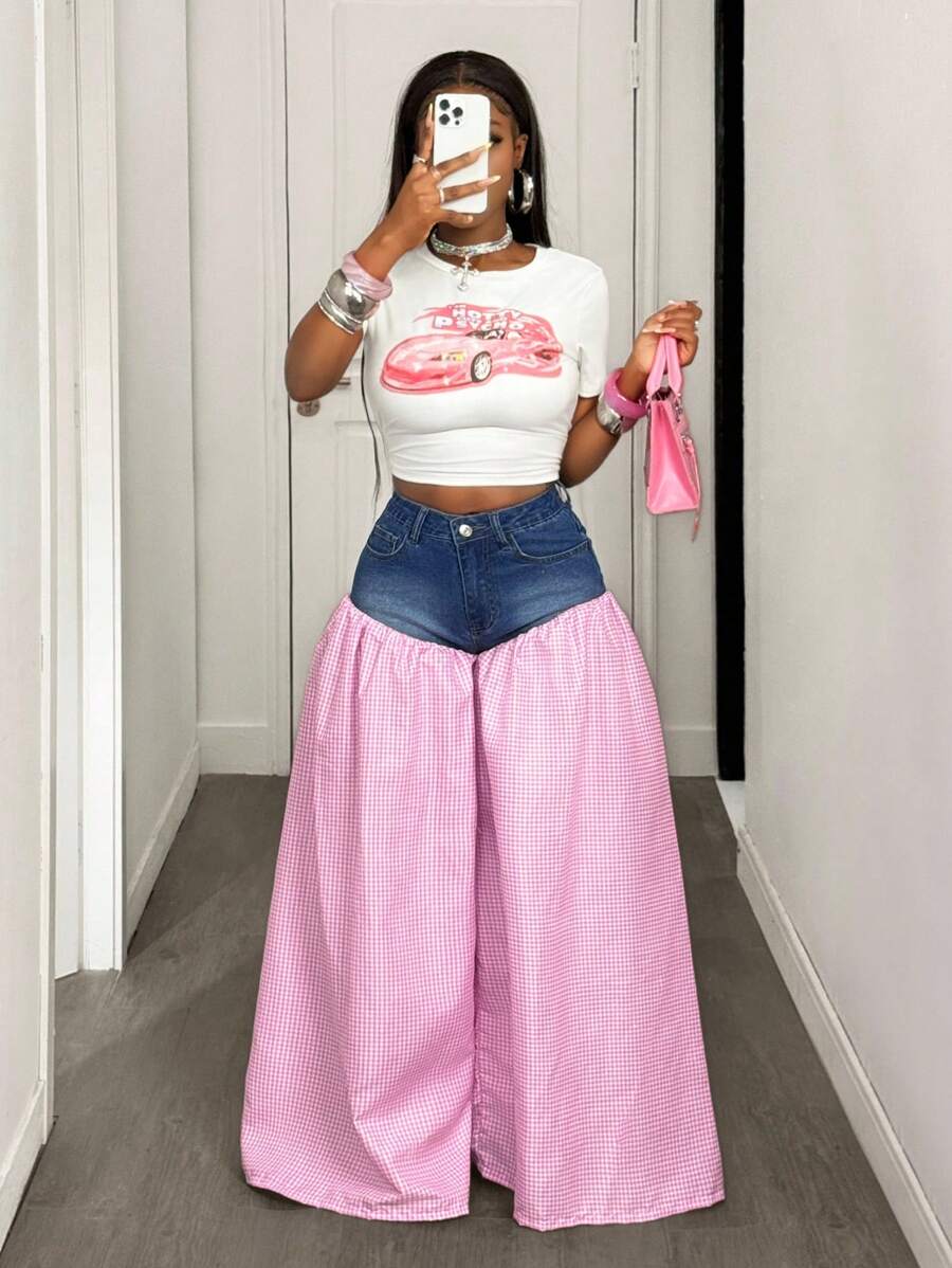 BamGleam Vaqueros anchos a cuadros con parches de calle casual para ...