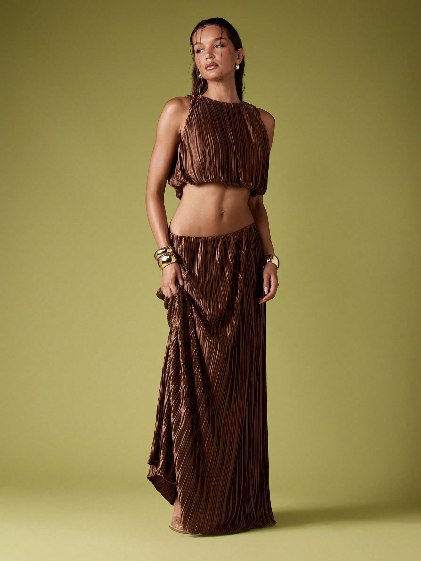 MISSGUIDED Pleated Plisse Crop Top With Maxi Skirt｜MISSGUIDED