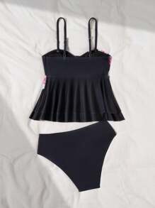 Tween Girls Floral Print Tankini, Padded Double Strap & Double Ruffled ...