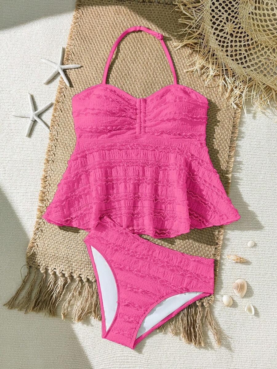 Teen Girls Tankinis In Solid Color Jacquard Fabric, Cup Pleated Design ...