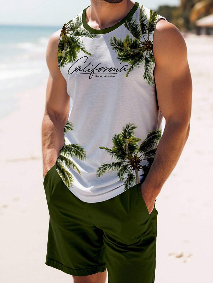 Manfinity RSRT Men's Casual Palm Tree Printed Top & Shorts Set For ...