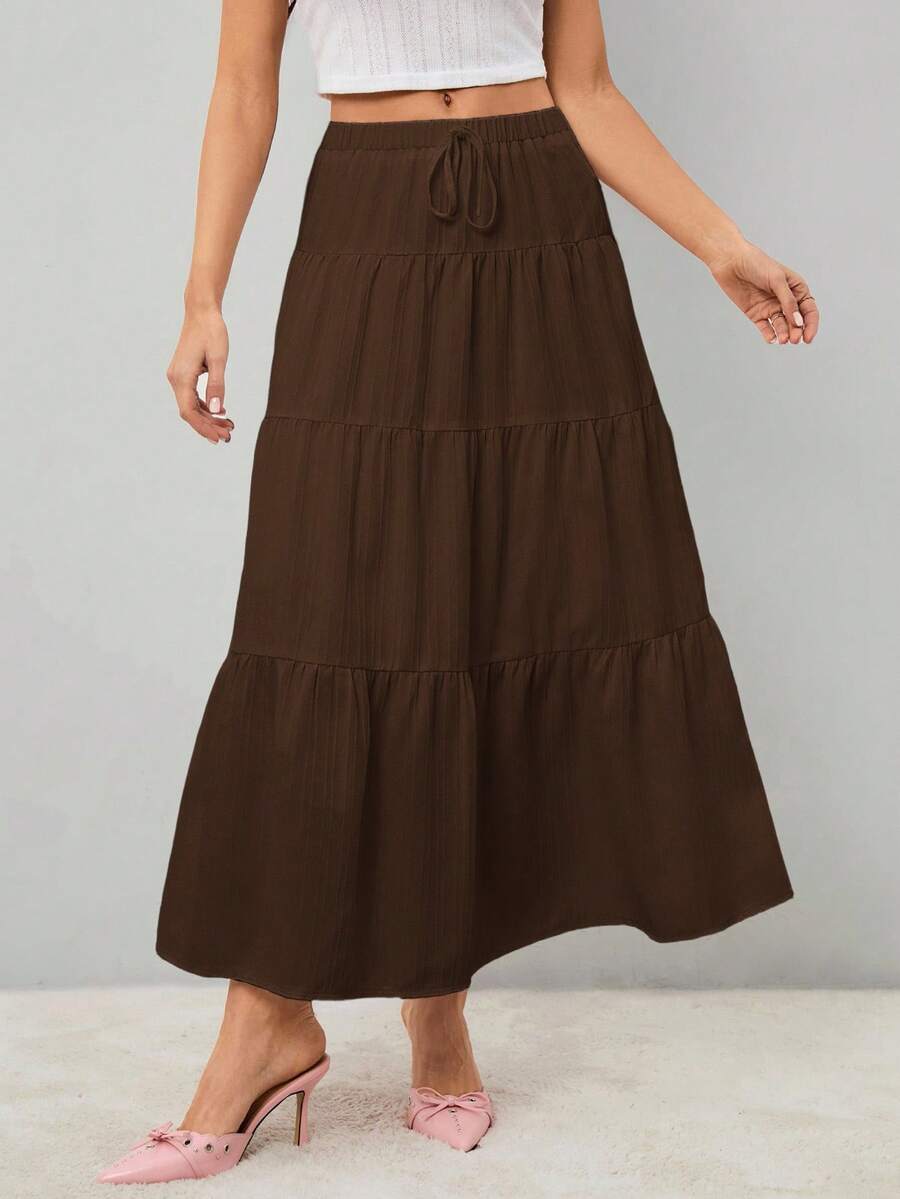 SHEIN Tall Women Solid Color High Waist Tie Ruffled Hem Maxi Skirt ...