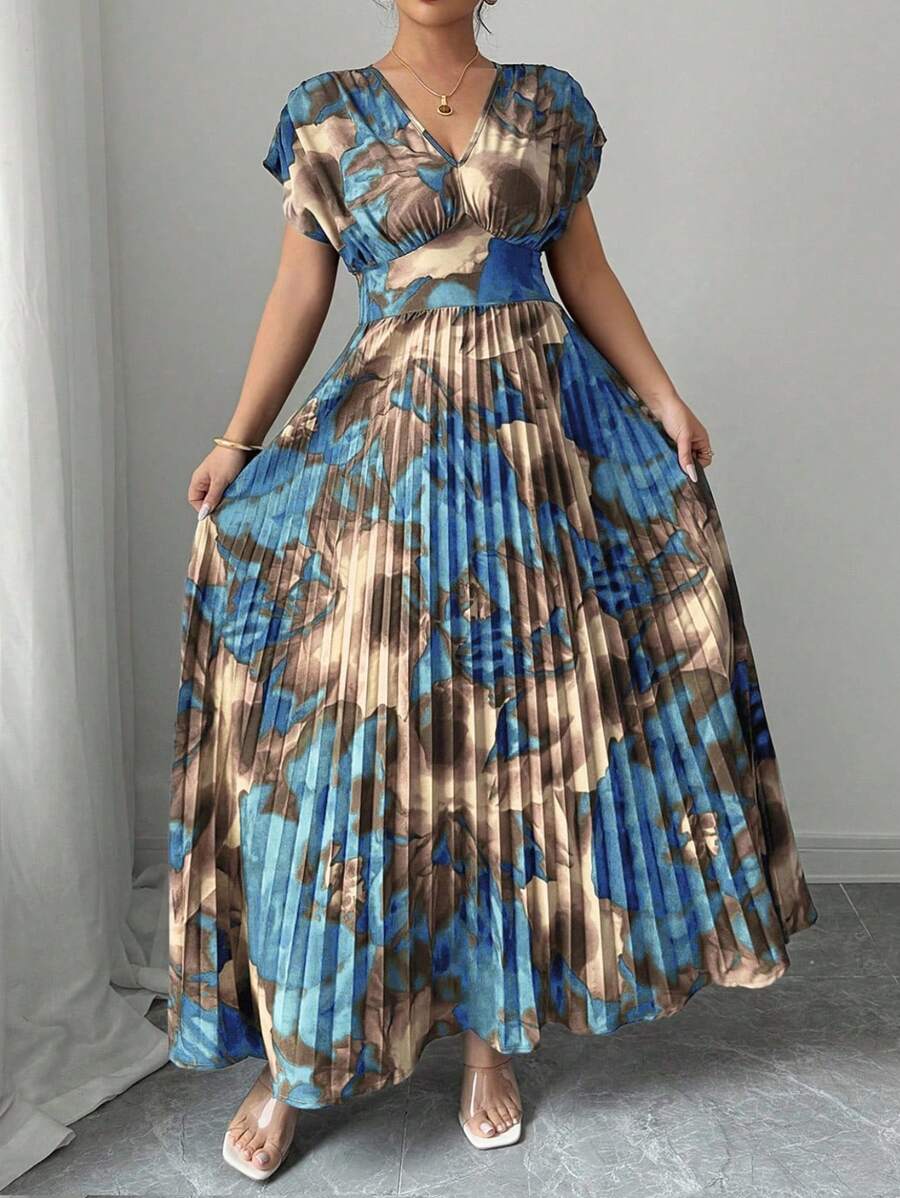 Elenzga Plus Size Women's Vacation Elegant Print Pleated Shirred A-Line ...