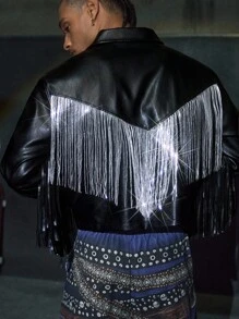 AXEPEAK Herren Jacke mit Umlegekragen, Langarm, Fransen-Detail, Kurz ...