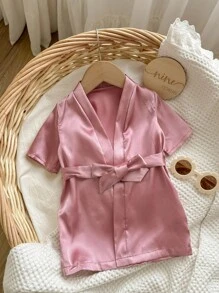 Newborn Baby Girl Woven Soft Solid Colored Tie Satin Robe | SHEIN USA