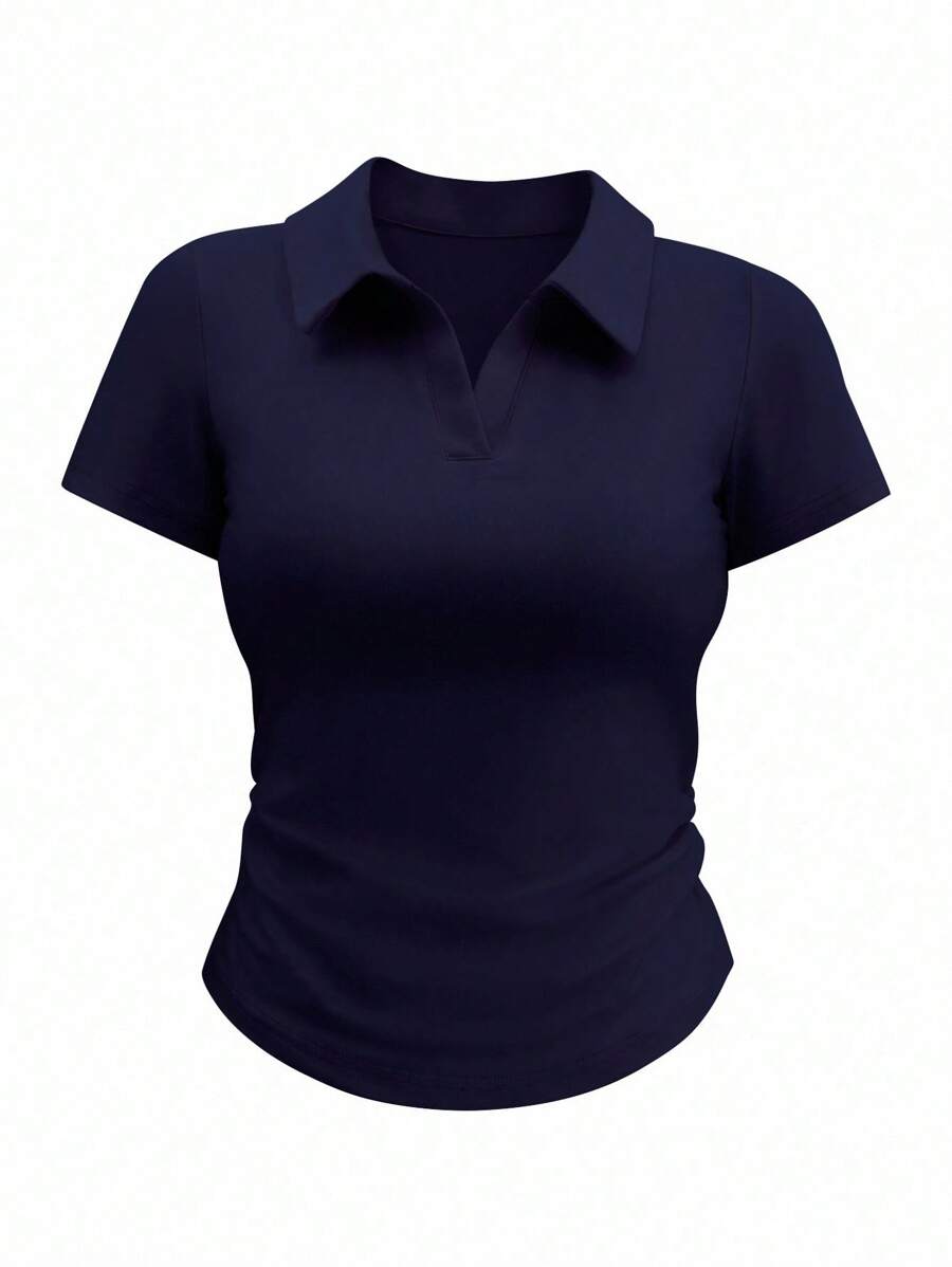 Rina Fox Women's Solid Color Short Sleeve Half Open Collar Casual ...