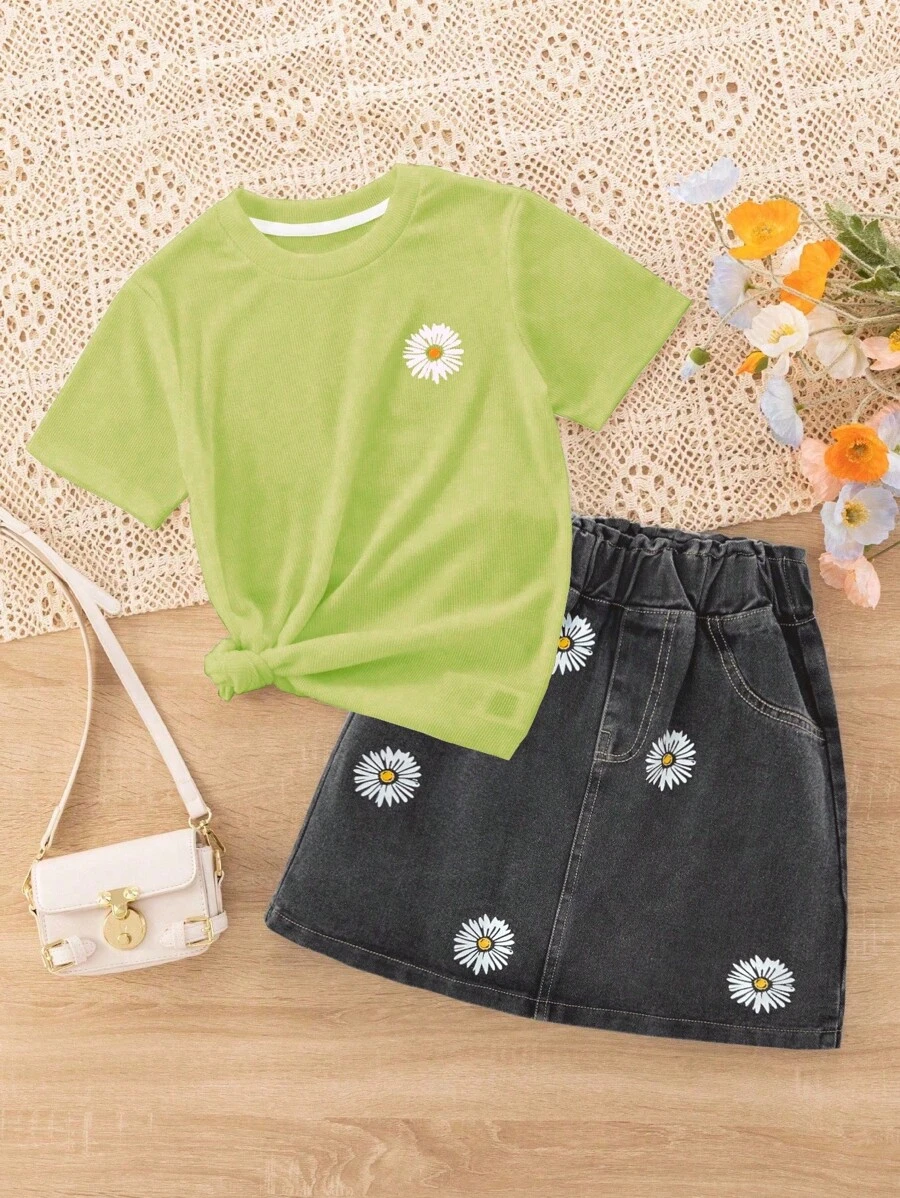 2pcs Tween Girl Set: Daisy Print Short Sleeve T-Shirt And Mini Skirt ...