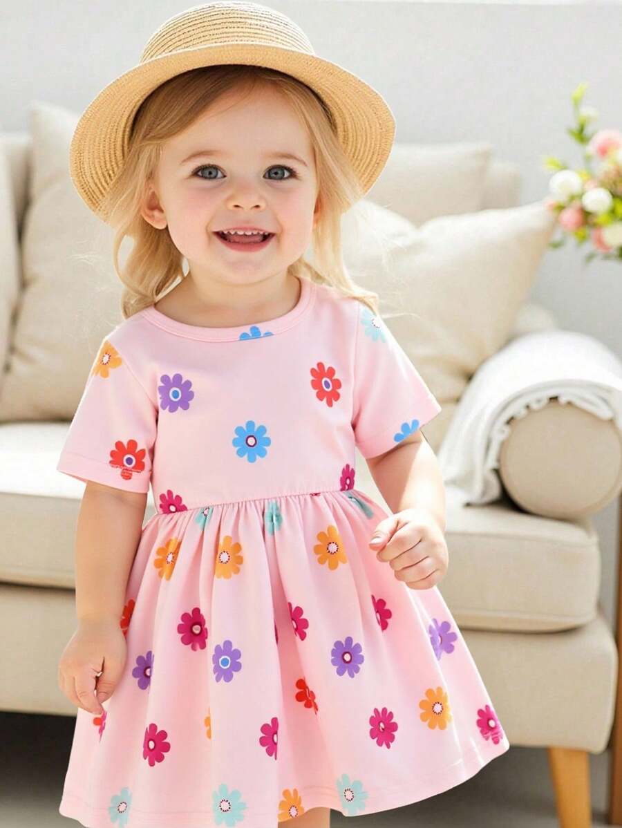 SHEIN Vestido Infantil Casual Solto Confortável Macio de Malha Floral ...