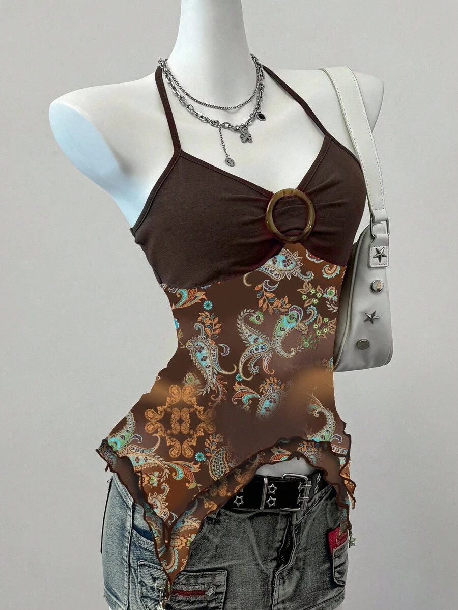 SHEIN EZwear Top alla halter senza schienale con stampa paisley vintage ...