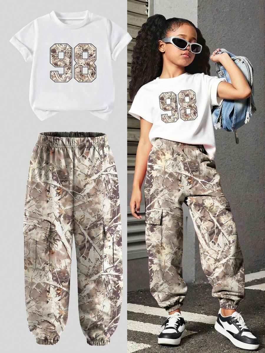 SHEIN 2pcs/Set Numeric Camouflage Print Casual Fashion Outfit, Girls ...