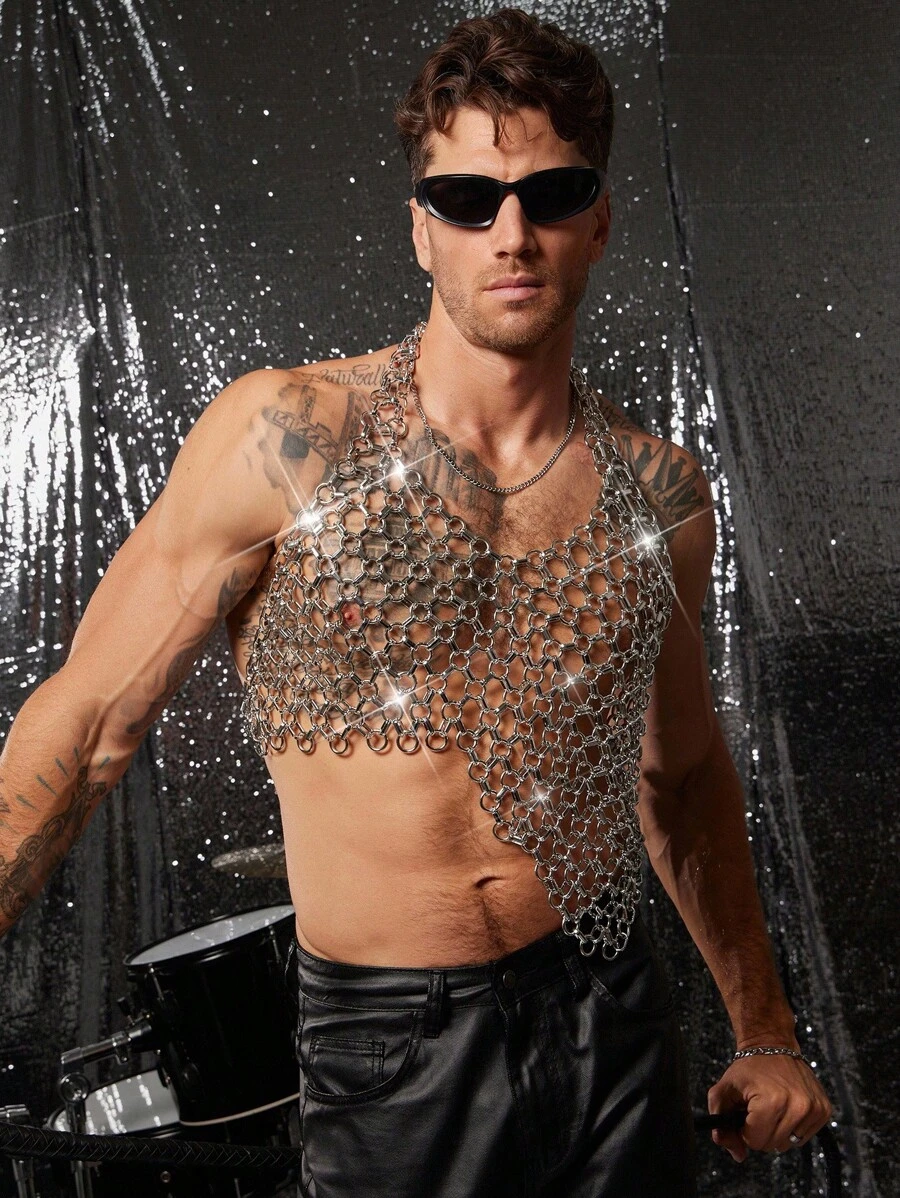 FeverCity Men's Metal Strap Hollow Out Cropped Sexy Halter Top, 2000s ...