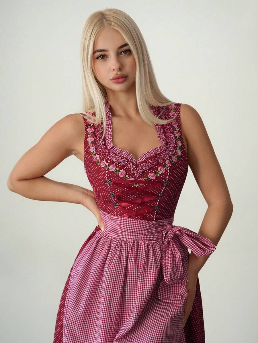 Sweetina Oktoberfest Polka Dot Plaid Patchwork Embroidered Apron Dress ...