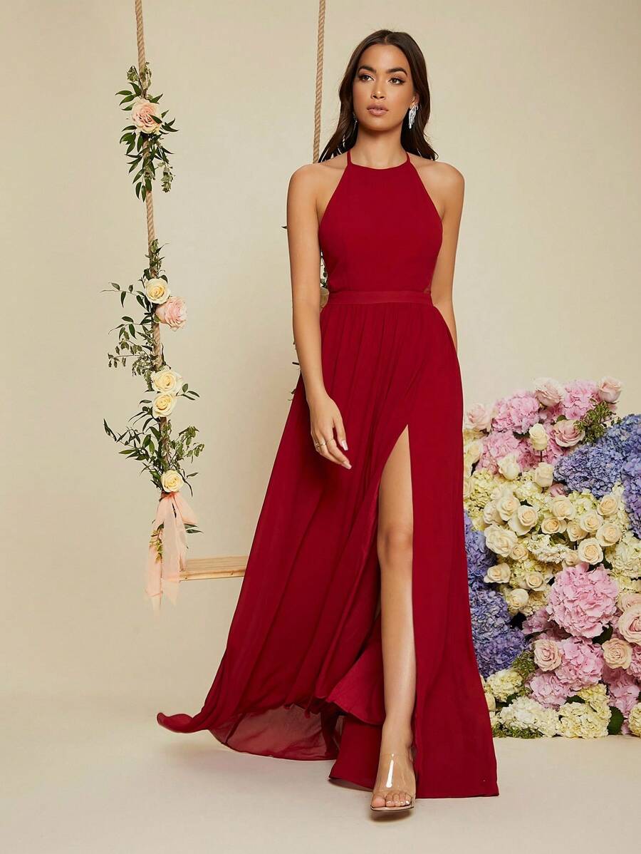 SHEIN Belle Burgundy Red Backless Halter Neck Slit Thigh Prom Dress ...