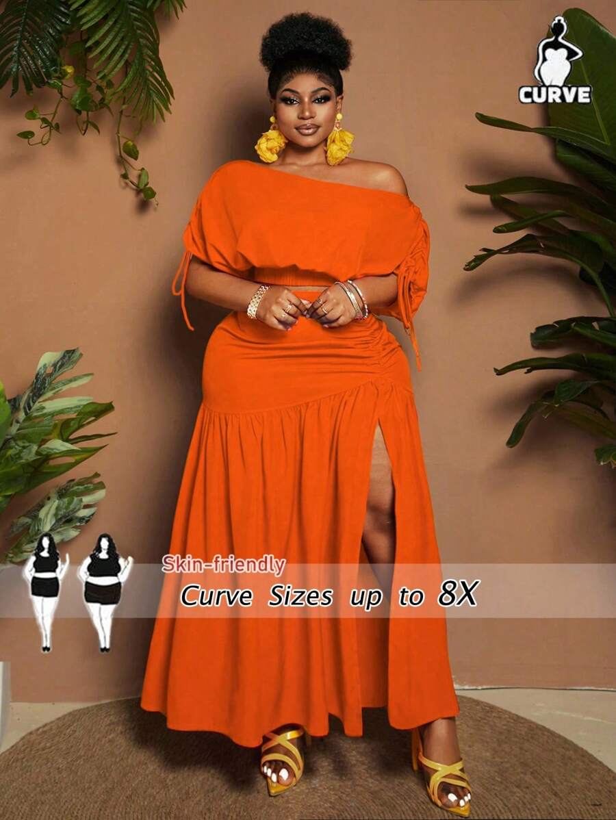 SHEIN CURVE+ Zweiteiler aus Crop Top in Unifarbe und Rock mit hohem ...