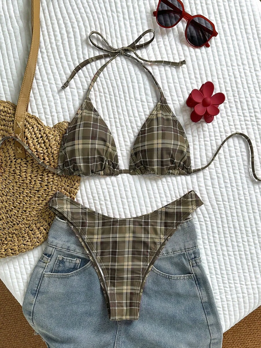 Swim Mod Women's Summer Beach Plaid Halter Tie Sexy Bikini Swimsuit Set ...