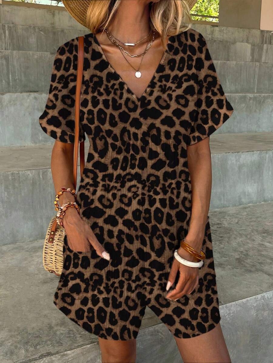 SHEIN LUNE Casual Leopard Print V-Neck Short Sleeve Vacation Dress For ...
