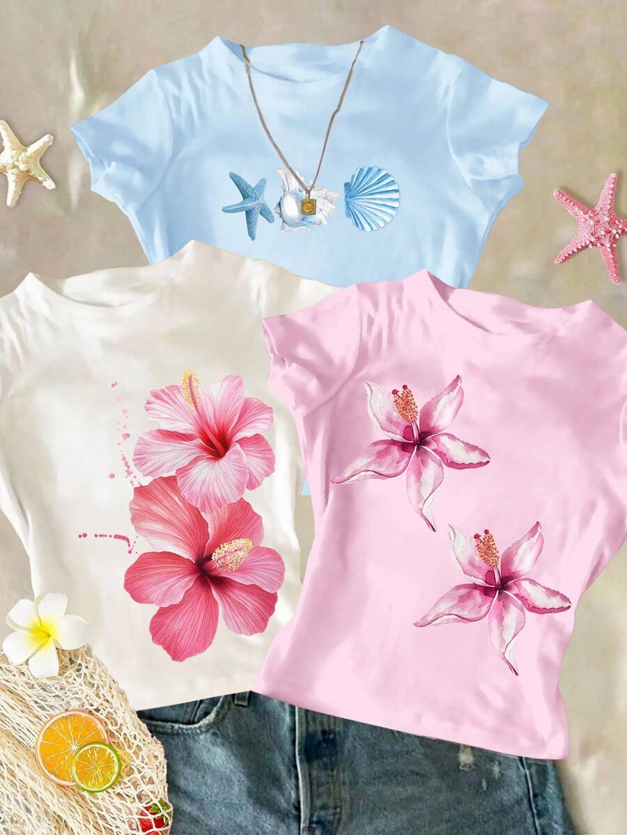 3pcs/Set Tween Girls Casual Floral Print Cropped Snug Fit Round Neck T ...