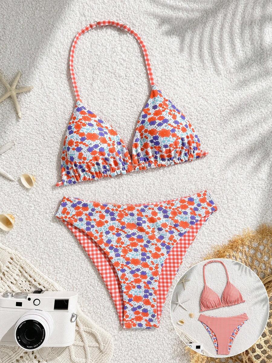 Tween Girl Summer Beach Ditsy Floral Halter Swimsuit Set Triangle ...