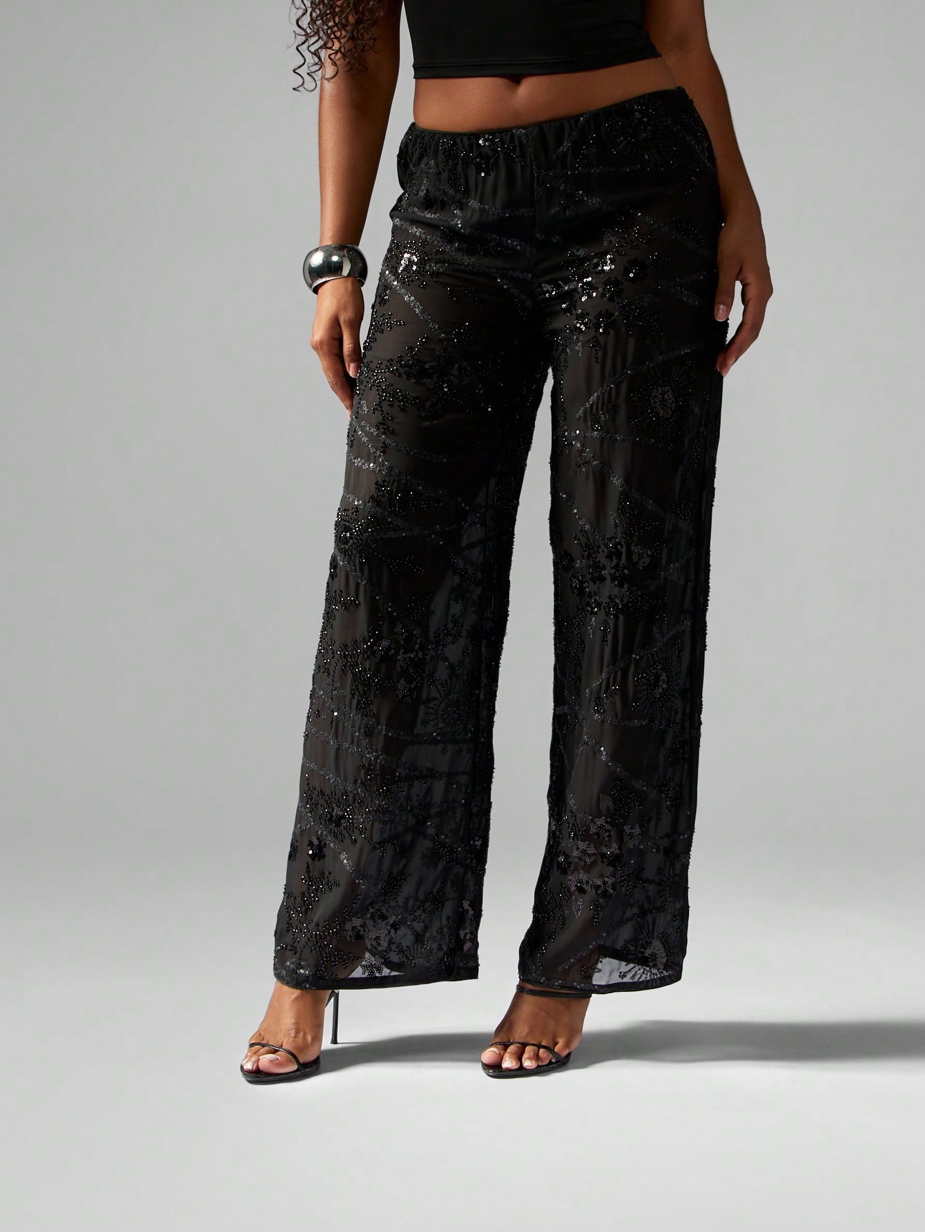 MISSGUIDED Sheer Mesh Wide Leg Pants With Sequin Embellishments｜MISSGUIDED