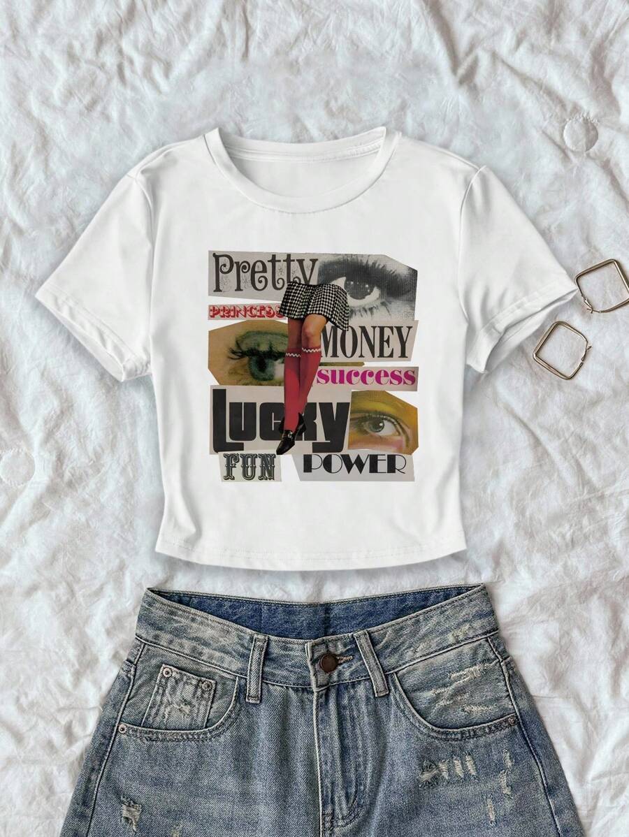 INAWLY Women's Round Neck Short Cropped T-Shirt, Short Sleeve ...