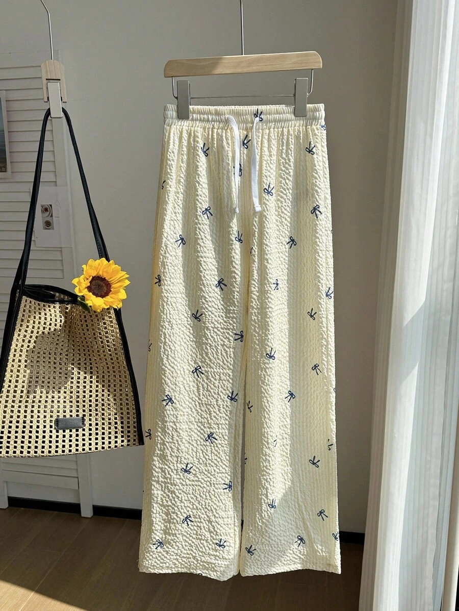 Tween Girls Pink Stripe Bow Print Puff Texture Waist White Contrast Tie ...