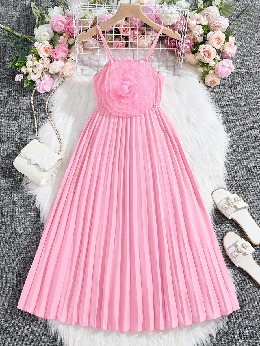 SHEIN Tween Girls Simple Fashion Solid Color Spaghetti Strap Big Flower ...