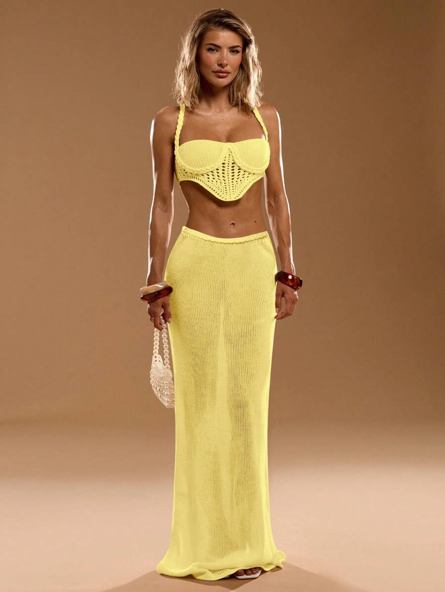 SHEIN BAE Women's Solid Color Extra Long Knitted Fashionable Regular Tie Waist Skirt | SHEIN USA