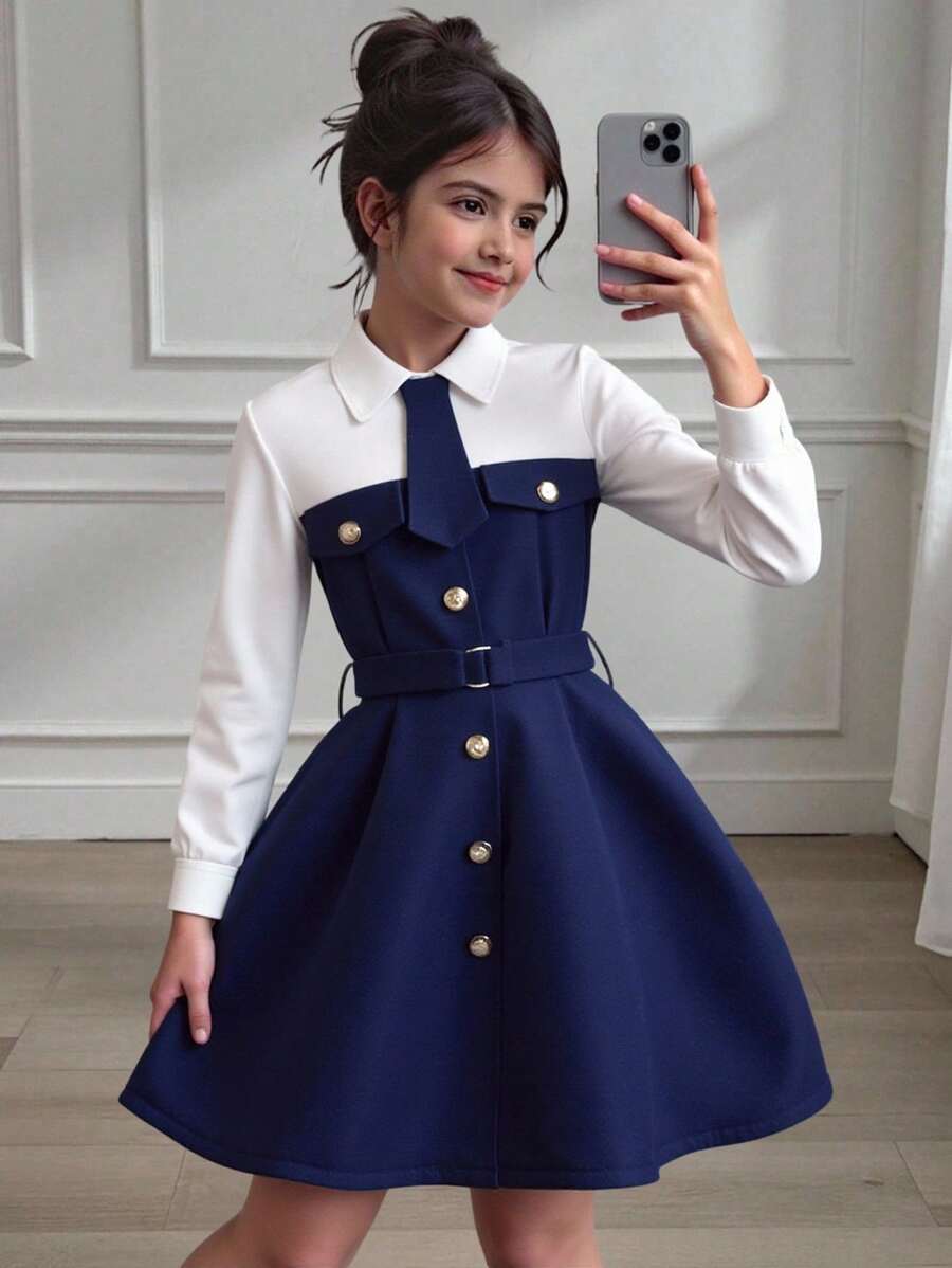 Tween Girls School Uniform Style Color Block Long Sleeve Tie Fake ...