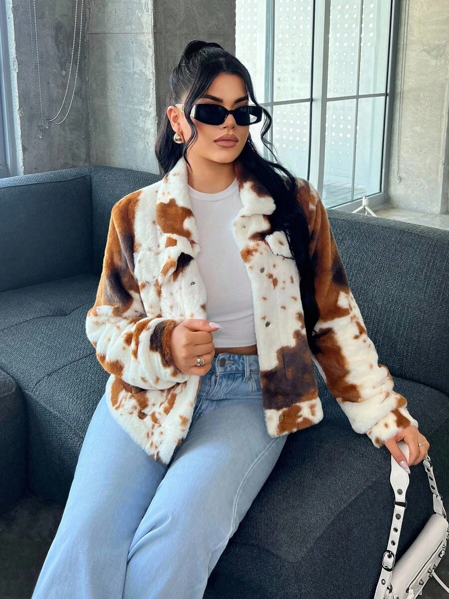 SHEIN SXY Contrast Color Faux Fur Warm Winter Women's Fashion Cow Fur Coat,Animal Print ,Gyaru ...