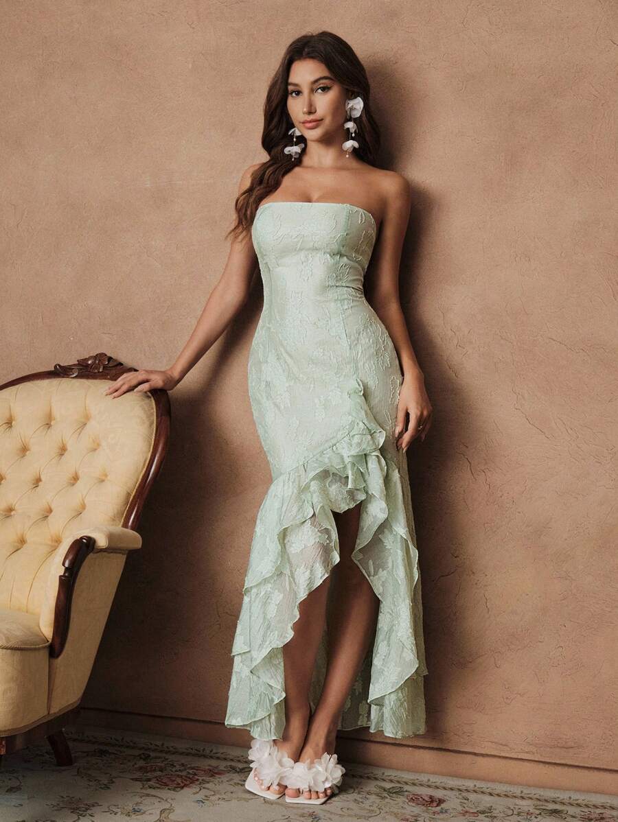 SHEIN Unity Green Romantic Elegant Jacquard Fabric Ruffle Hem ...