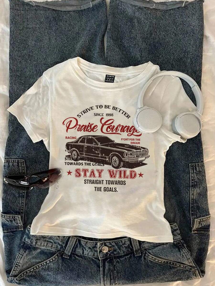 Attitoon Vintage Style Retro Car Letter Graphic Print Fitted Round Neck ...