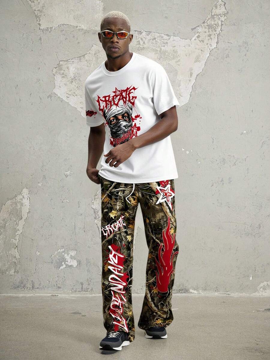 Manfinity ZONE917 Gothic Portrait Graffiti Camouflage Print Loose Short ...
