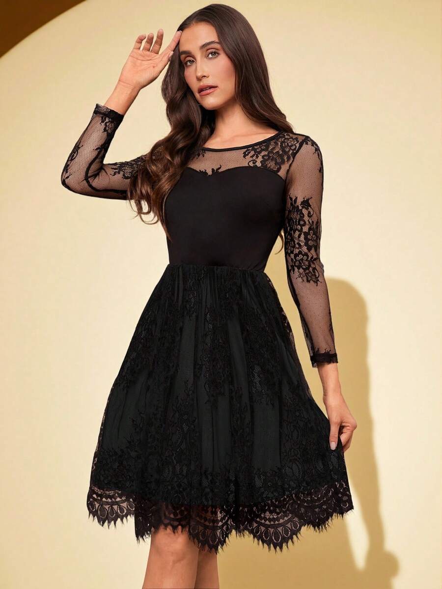 Amorya Elegant Lace Patchwork Long Sleeve Solid Color Dress For Women ...