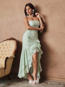SHEIN Unity Green Romantic Elegant Jacquard Fabric Ruffle Hem ...