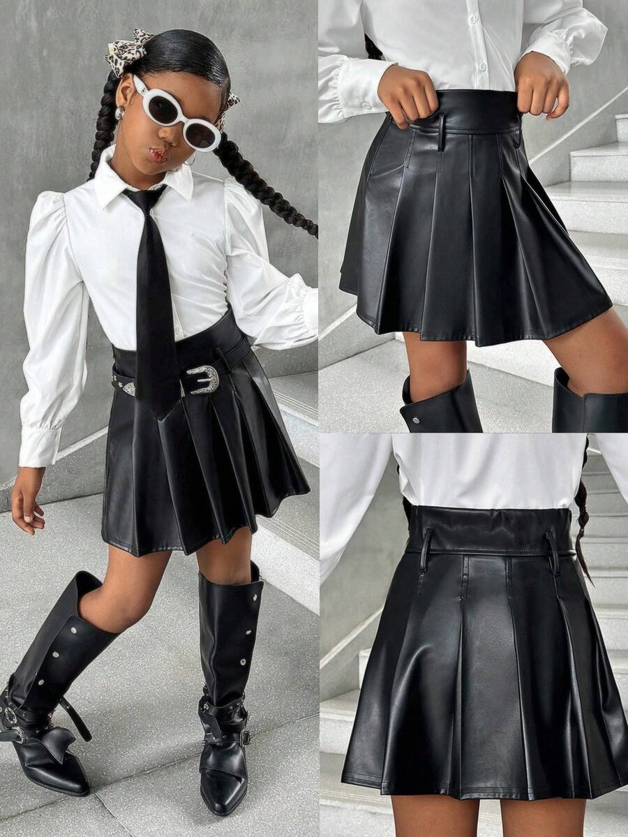 SHEIN Tween Girl Sweet & Cool Solid Color PU Leather Pleated Mini Skirt ...