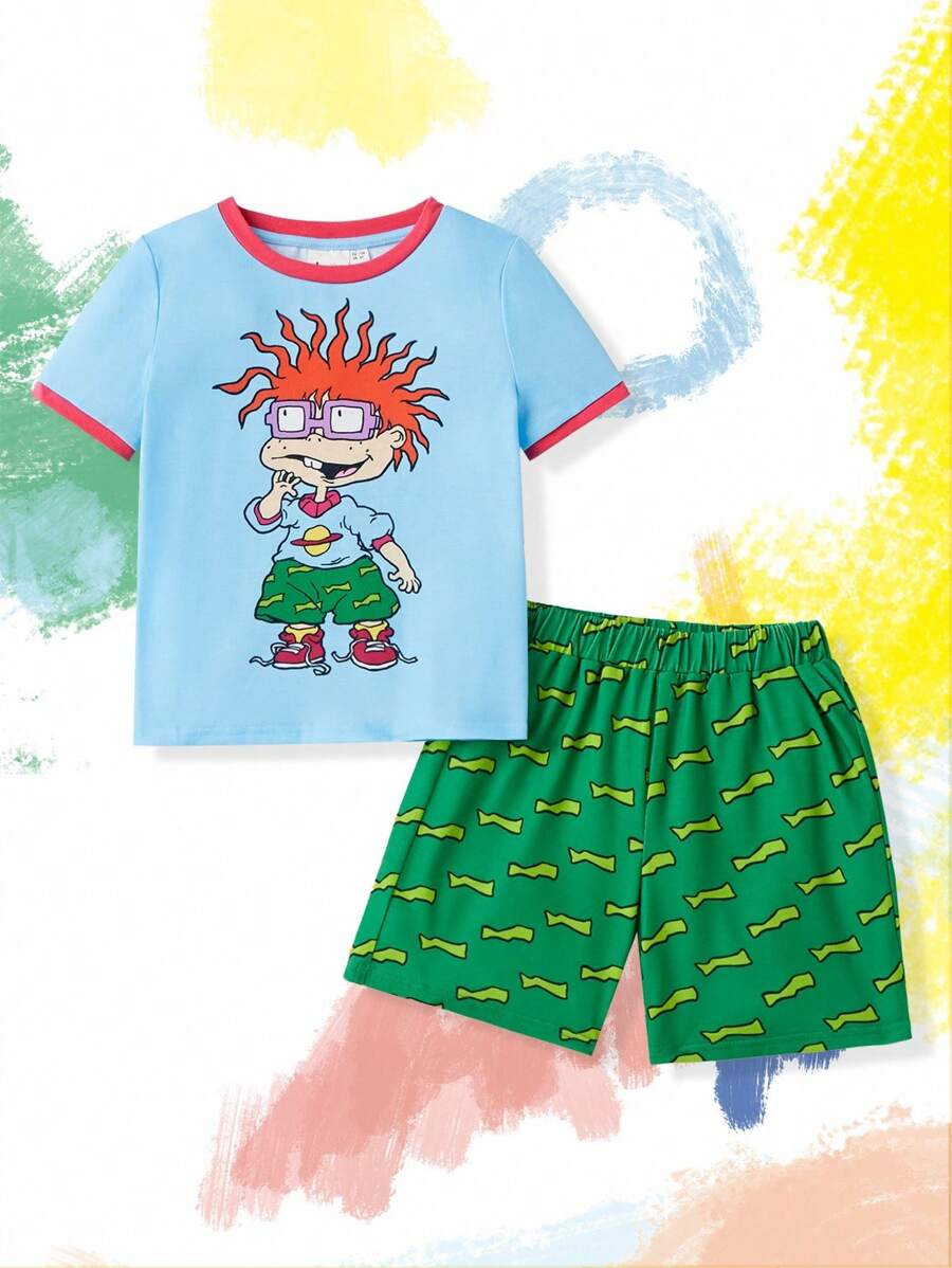 Nick 90s X SHEIN 2pcs/Set Young Boy Cartoon Figure Graphic Color Block Short Sleeve T-Shirt And ...